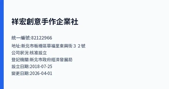 祥宏創意手作企業社的照片-統編 82122966(新北市) 公司登記資料與營業項目詳細圖表