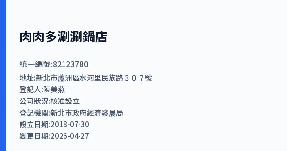 肉肉多涮涮鍋店的照片-統編 82123780(新北市) 公司登記資料與營業項目詳細圖表