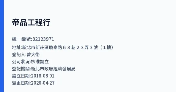 帝品工程行的照片-統編 82123971(新北市) 公司登記資料與營業項目詳細圖表