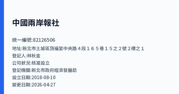 中國兩岸報社的照片-統編 82126506(新北市) 公司登記資料與營業項目詳細圖表