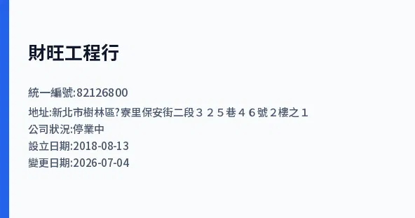 財旺工程行的照片-統編 82126800(新北市) 公司登記資料與營業項目詳細圖表