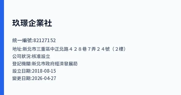 玖璟企業社的照片-統編 82127152(新北市) 公司登記資料與營業項目詳細圖表