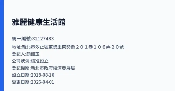 雅麗健康生活館的照片-統編 82127483(新北市) 公司登記資料與營業項目詳細圖表