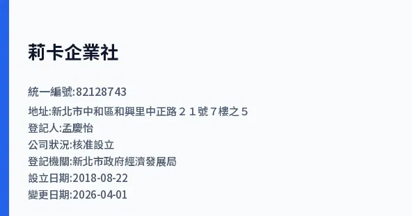 莉卡企業社的照片-統編 82128743(新北市) 公司登記資料與營業項目詳細圖表