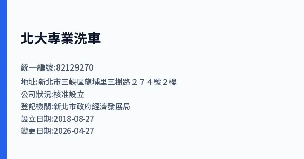 北大專業洗車的照片-統編 82129270(新北市) 公司登記資料與營業項目詳細圖表