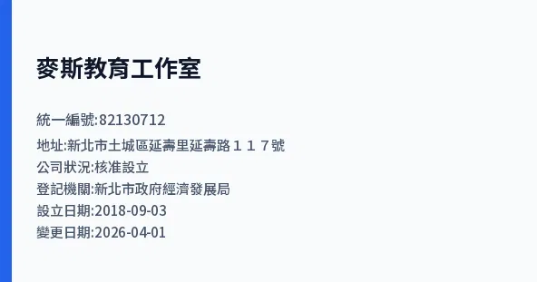 麥斯教育工作室的照片-統編 82130712(新北市) 公司登記資料與營業項目詳細圖表