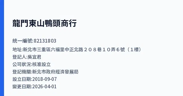 龍門東山鴨頭商行的照片-統編 82131803(新北市) 公司登記資料與營業項目詳細圖表