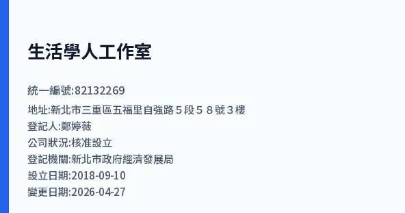 生活學人工作室的照片-統編 82132269(新北市) 公司登記資料與營業項目詳細圖表