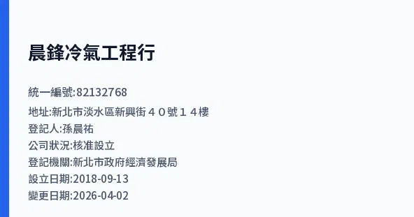 晨鋒冷氣工程行的照片-統編 82132768(新北市) 公司登記資料與營業項目詳細圖表
