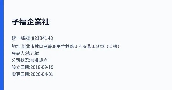 子福企業社的照片-統編 82134148(新北市) 公司登記資料與營業項目詳細圖表