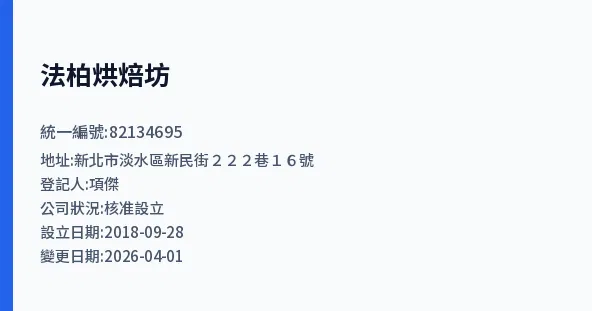 法柏烘焙坊的照片-統編 82134695(新北市) 公司登記資料與營業項目詳細圖表
