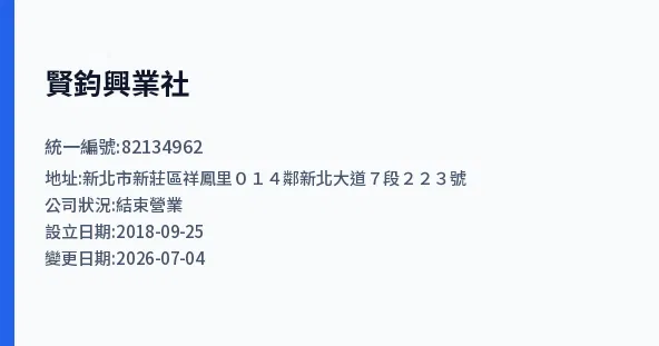 賢鈞興業社的照片-統編 82134962(新北市) 公司登記資料與營業項目詳細圖表