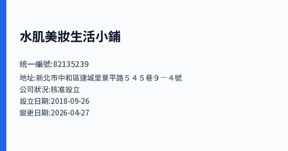 水肌美妝生活小鋪的照片-統編 82135239(新北市) 公司登記資料與營業項目詳細圖表