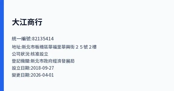 大江商行的照片-統編 82135414(新北市) 公司登記資料與營業項目詳細圖表