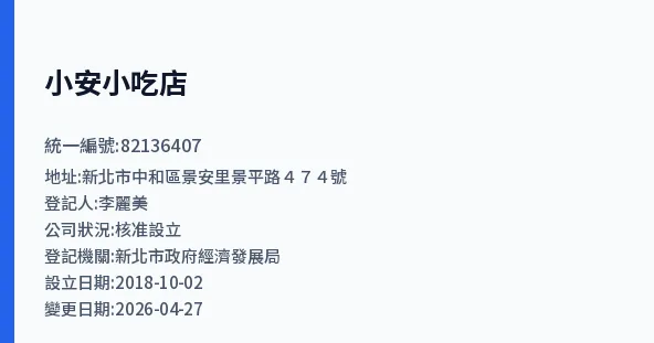 小安小吃店的照片-統編 82136407(新北市) 公司登記資料與營業項目詳細圖表