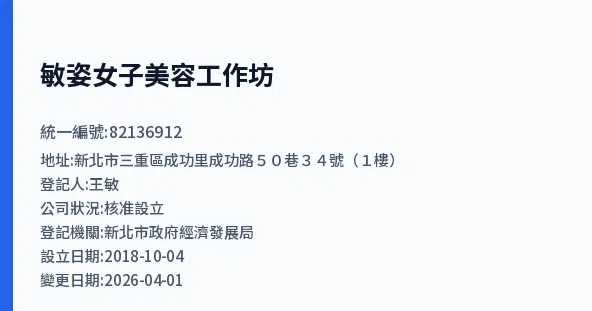 敏姿女子美容工作坊的照片-統編 82136912(新北市) 公司登記資料與營業項目詳細圖表
