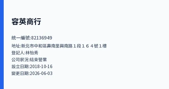 容英商行的照片-統編 82136949(新北市) 公司登記資料與營業項目詳細圖表