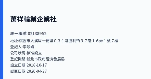 萬祥輪業企業社的照片-統編 82138952(桃園市) 公司登記資料與營業項目詳細圖表
