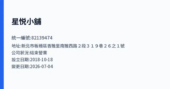 星悦小舖的照片-統編 82139474(新北市) 公司登記資料與營業項目詳細圖表