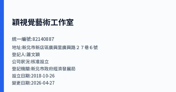 穎視覺藝術工作室的照片-統編 82140887(新北市) 公司登記資料與營業項目詳細圖表