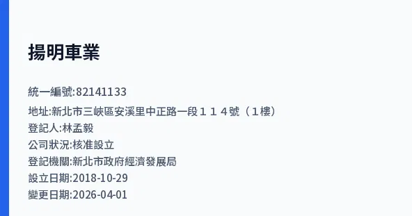 揚明車業的照片-統編 82141133(新北市) 公司登記資料與營業項目詳細圖表