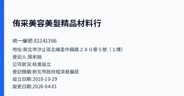 侑采美容美髮精品材料行的照片-統編 82141366(新北市) 公司登記資料與營業項目詳細圖表