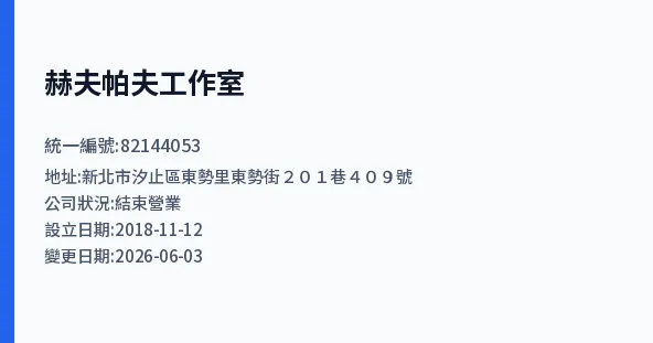 赫夫帕夫工作室的照片-統編 82144053(新北市) 公司登記資料與營業項目詳細圖表
