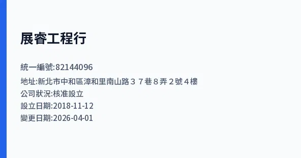 展睿工程行的照片-統編 82144096(新北市) 公司登記資料與營業項目詳細圖表