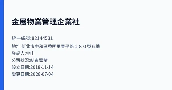 金展物業管理企業社的照片-統編 82144531(新北市) 公司登記資料與營業項目詳細圖表
