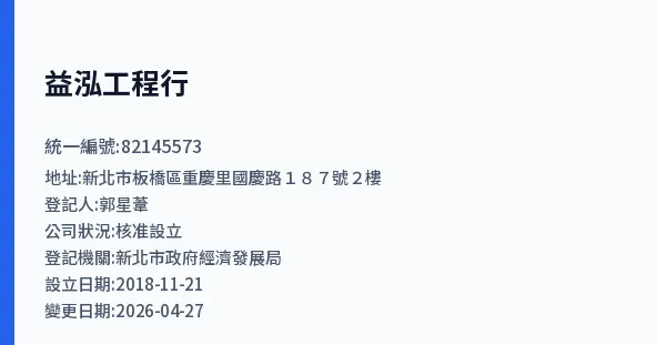 益泓工程行的照片-統編 82145573(新北市) 公司登記資料與營業項目詳細圖表