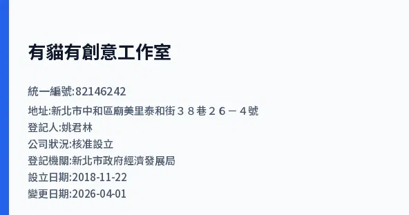 有貓有創意工作室的照片-統編 82146242(新北市) 公司登記資料與營業項目詳細圖表