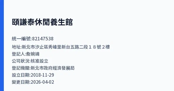 頤謙泰休閒養生館的照片-統編 82147538(新北市) 公司登記資料與營業項目詳細圖表