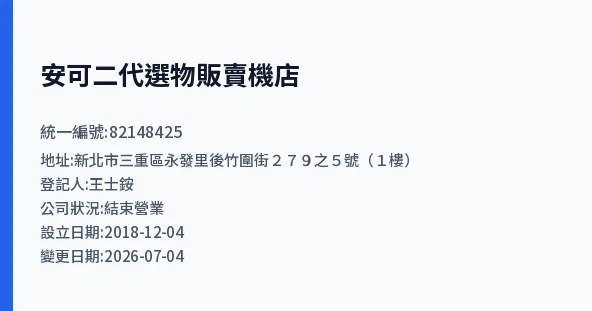 安可二代選物販賣機店的照片-統編 82148425(新北市) 公司登記資料與營業項目詳細圖表