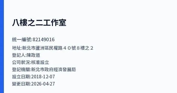 八樓之二工作室的照片-統編 82149016(新北市) 公司登記資料與營業項目詳細圖表