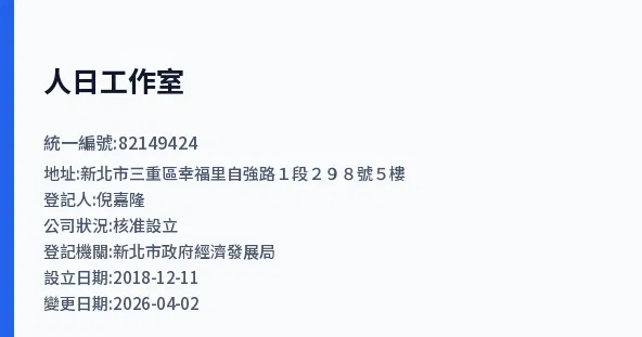 人日工作室的照片-統編 82149424(新北市) 公司登記資料與營業項目詳細圖表