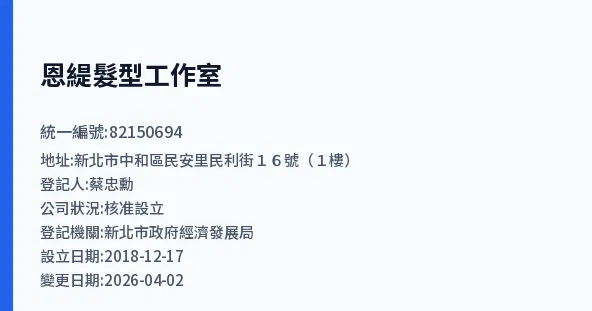 恩緹髮型工作室的照片-統編 82150694(新北市) 公司登記資料與營業項目詳細圖表