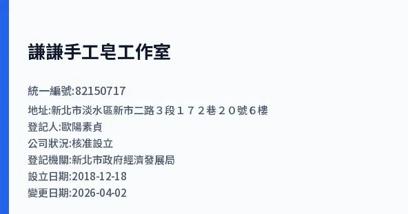 謙謙手工皂工作室的照片-統編 82150717(新北市) 公司登記資料與營業項目詳細圖表