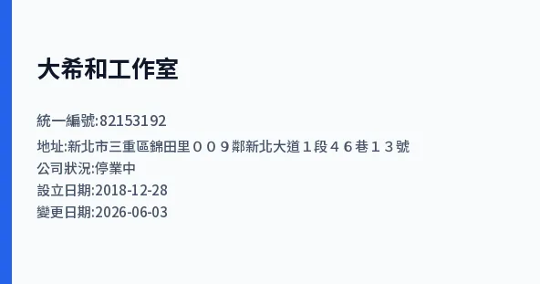 大希和工作室的照片-統編 82153192(新北市) 公司登記資料與營業項目詳細圖表