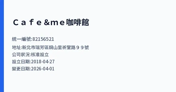 Cafe&me咖啡館的照片-統編 82156521(新北市) 公司登記資料與營業項目詳細圖表