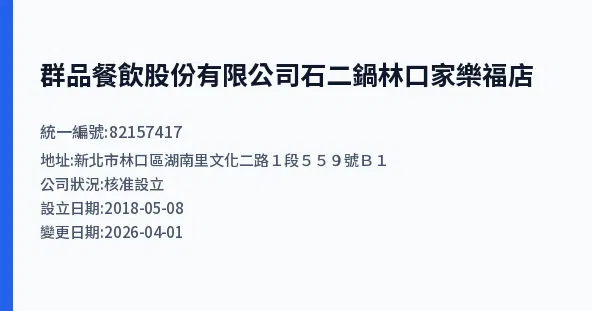 群品餐飲股份有限公司石二鍋林口家樂福店的照片-統編 82157417(新北市) 公司登記資料與營業項目詳細圖表