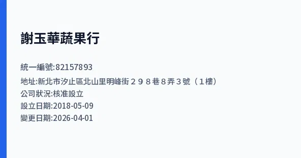 謝玉華蔬果行的照片-統編 82157893(新北市) 公司登記資料與營業項目詳細圖表