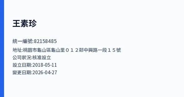 王素珍的照片-統編 82158485(桃園市) 公司登記資料與營業項目詳細圖表