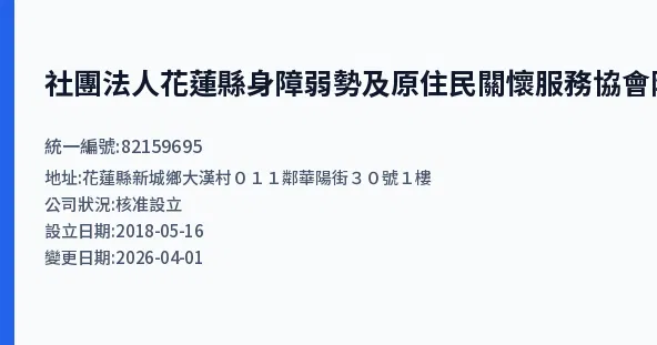 社團法人花蓮縣身障弱勢及原住民關懷服務協會附設蒲公英愛心中晚餐社企部落廚房的照片-統編 82159695(花蓮縣) 公司登記資料與營業項目詳細圖表