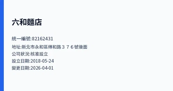 六和麵店的照片-統編 82162431(新北市) 公司登記資料與營業項目詳細圖表