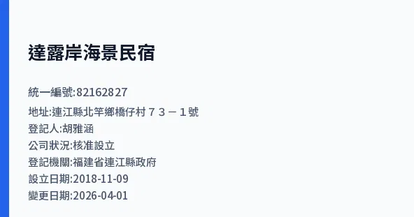 達露岸海景民宿的照片-統編 82162827(連江縣) 公司登記資料與營業項目詳細圖表