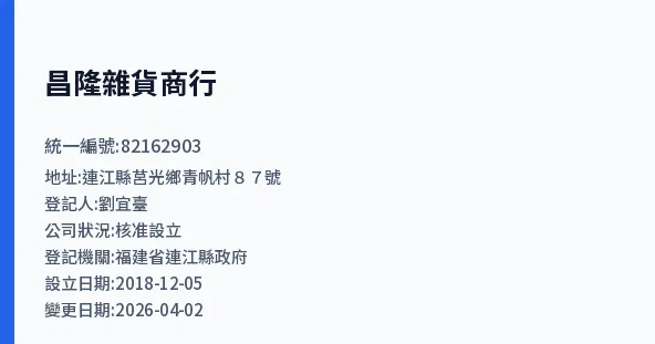 昌隆雜貨商行的照片-統編 82162903(連江縣) 公司登記資料與營業項目詳細圖表