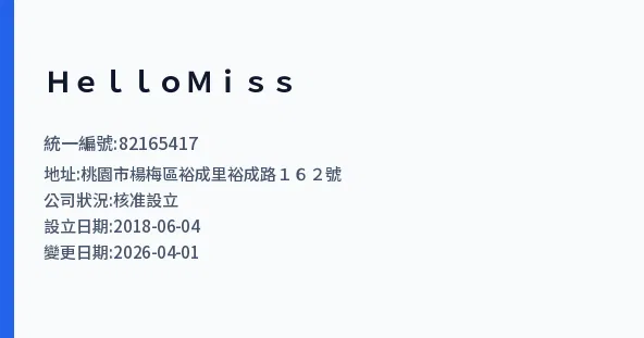 HelloMiss的照片-統編 82165417(桃園市) 公司登記資料與營業項目詳細圖表