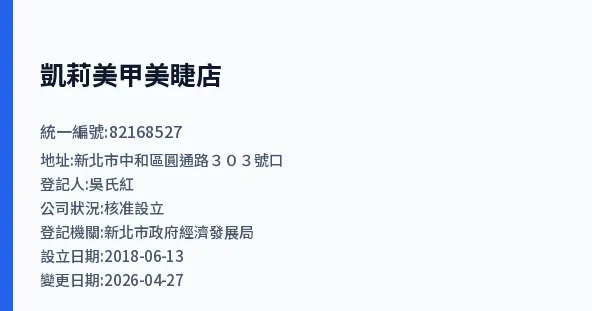 凱莉美甲美睫店的照片-統編 82168527(新北市) 公司登記資料與營業項目詳細圖表