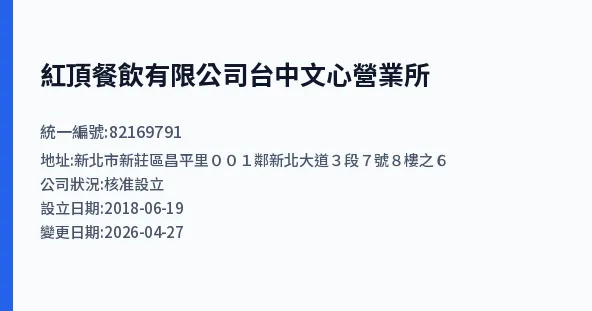 紅頂餐飲有限公司台中文心營業所的照片-統編 82169791(新北市) 公司登記資料與營業項目詳細圖表