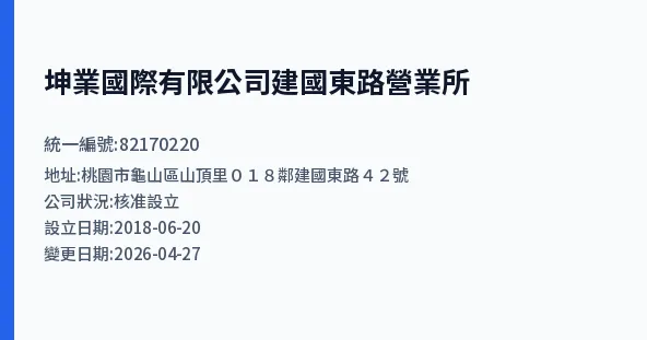 坤業國際有限公司建國東路營業所的照片-統編 82170220(桃園市) 公司登記資料與營業項目詳細圖表